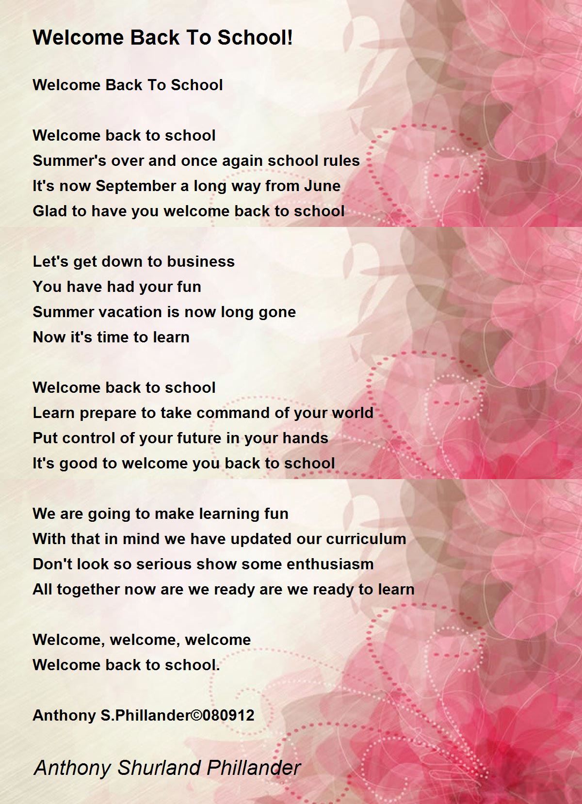 Welcome Back To School! Poem by Anthony Shurland Phillander - Poem Hunter