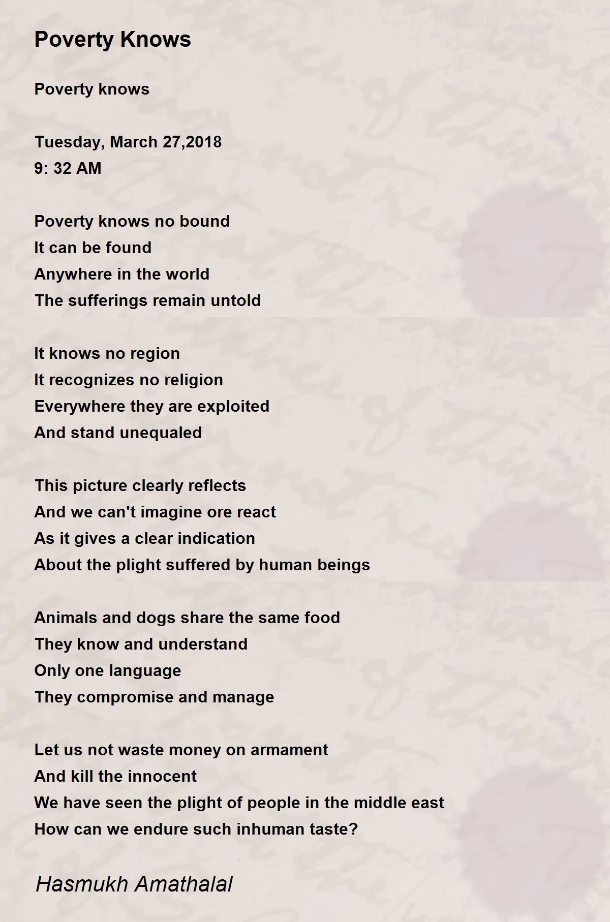 Poverty Knows by Mehta Hasmukh Amathalal - Poverty Knows Poem