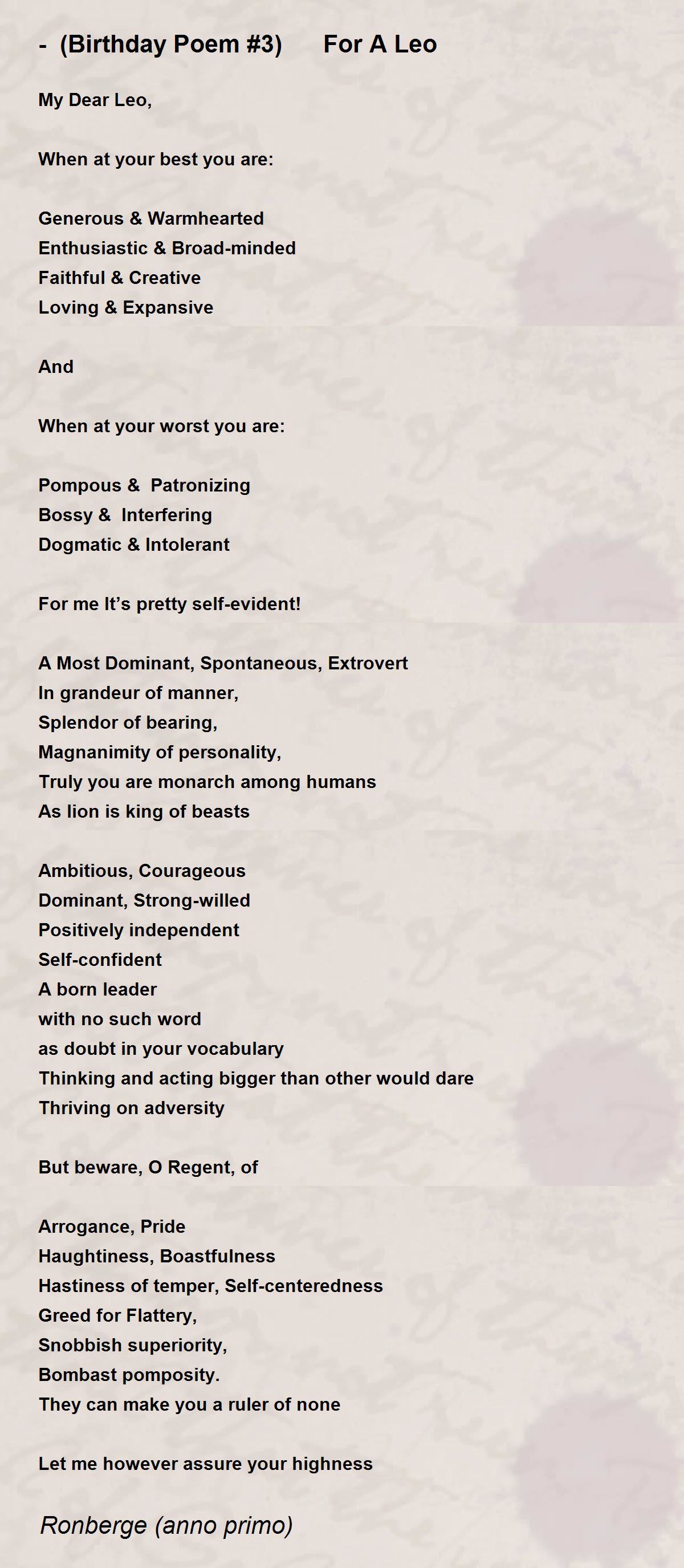 - (Birthday Poem #3) For A Leo Poem by Ronberge (anno primo) - Poem Hunter