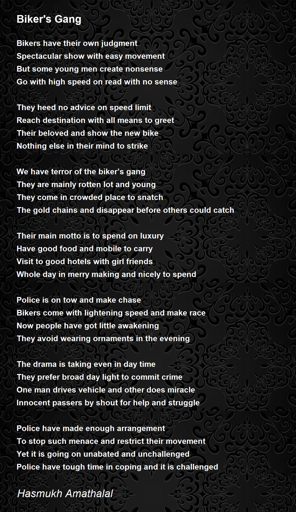 Biker's Gang by Mehta Hasmukh Amathalal - Biker's Gang Poem