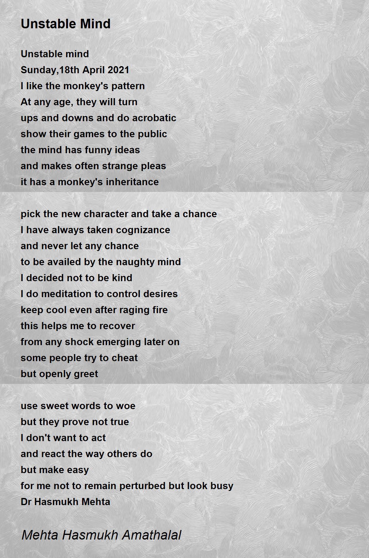 Unstable Mind Poem by Mehta Hasmukh Amathalal - Poem Hunter