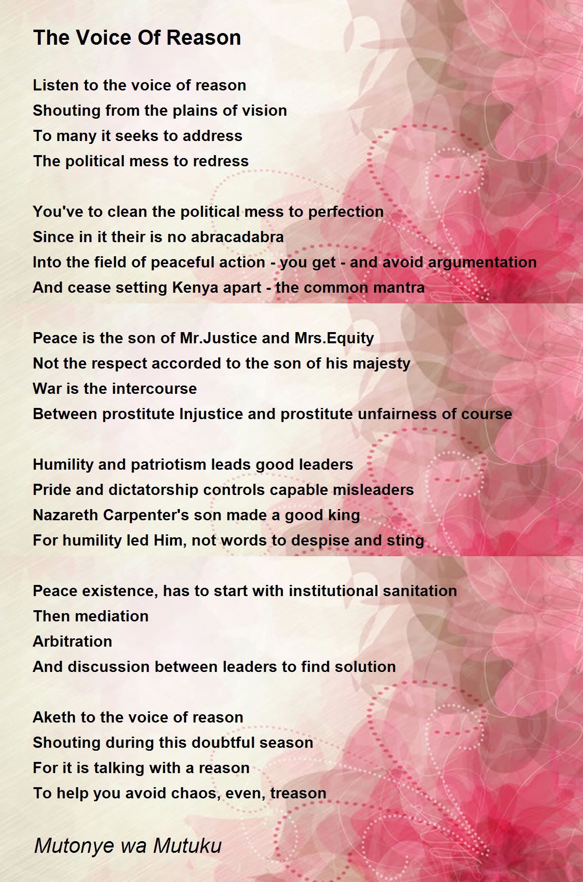 The Voice Of Reason - The Voice Of Reason Poem by Mutonye wa Mutuku