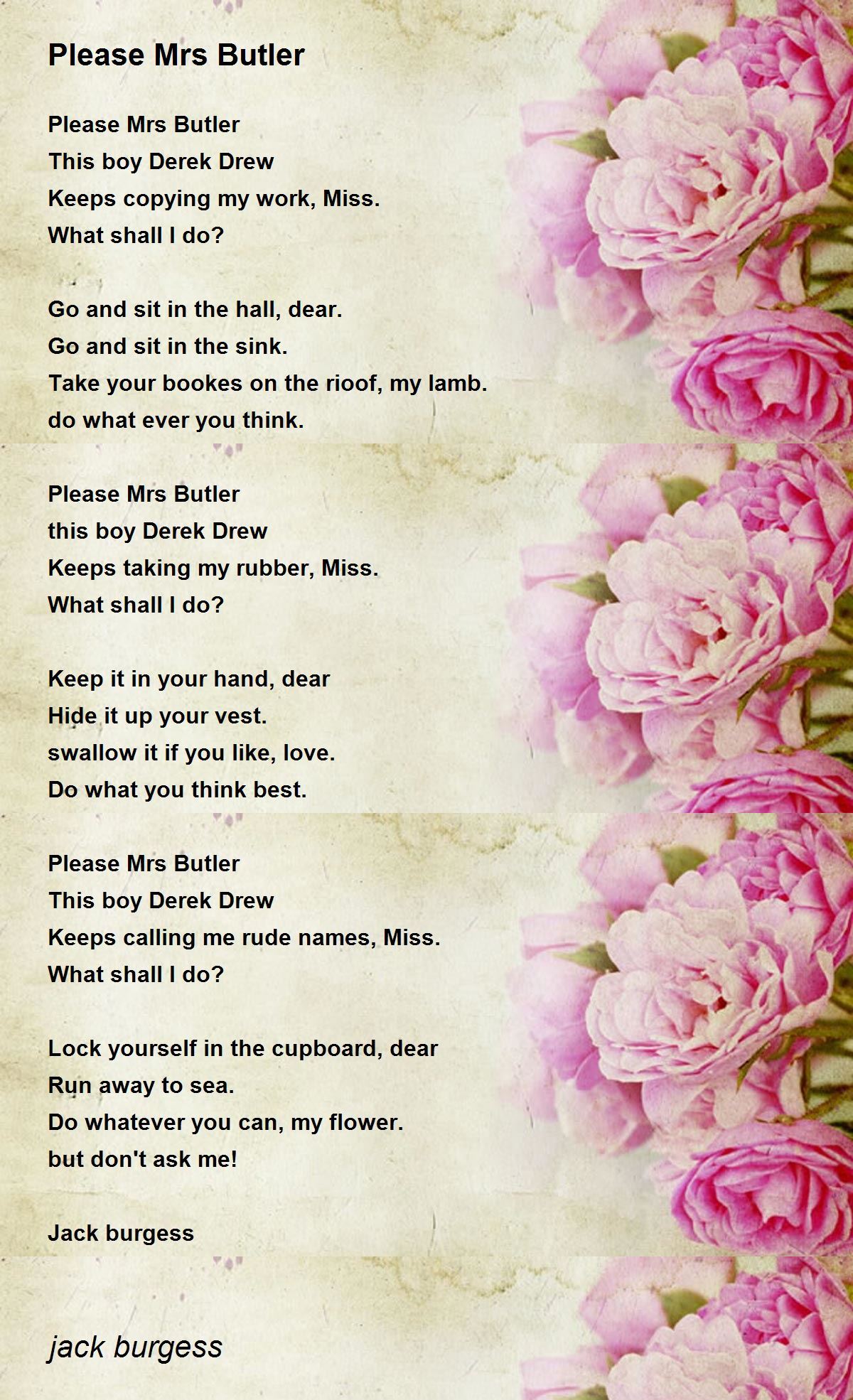 Please Mrs Butler - Please Mrs Butler Poem by jack burgess