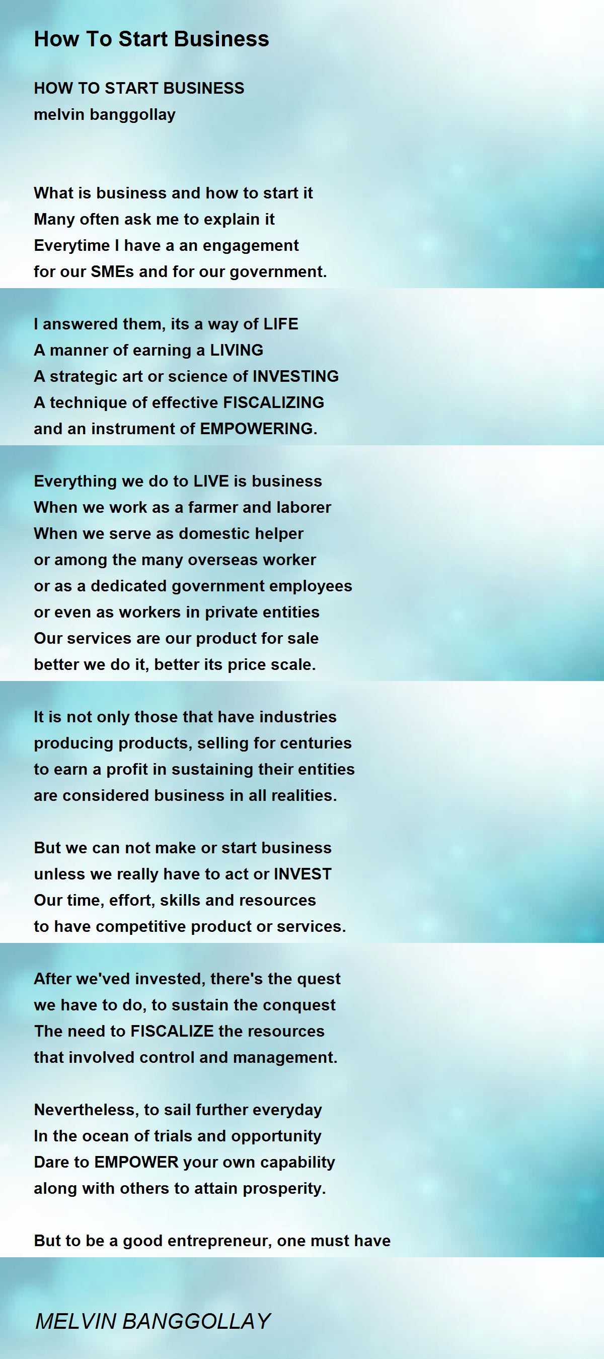 How To Start Business by MELVIN BANGGOLLAY - How To Start Business Poem