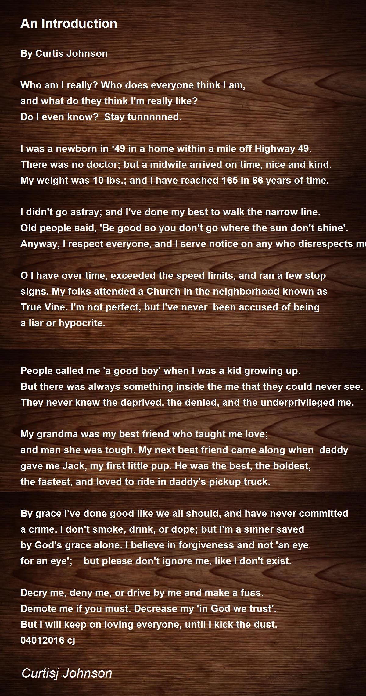 An Introduction - An Introduction Poem by Curtis Johnson