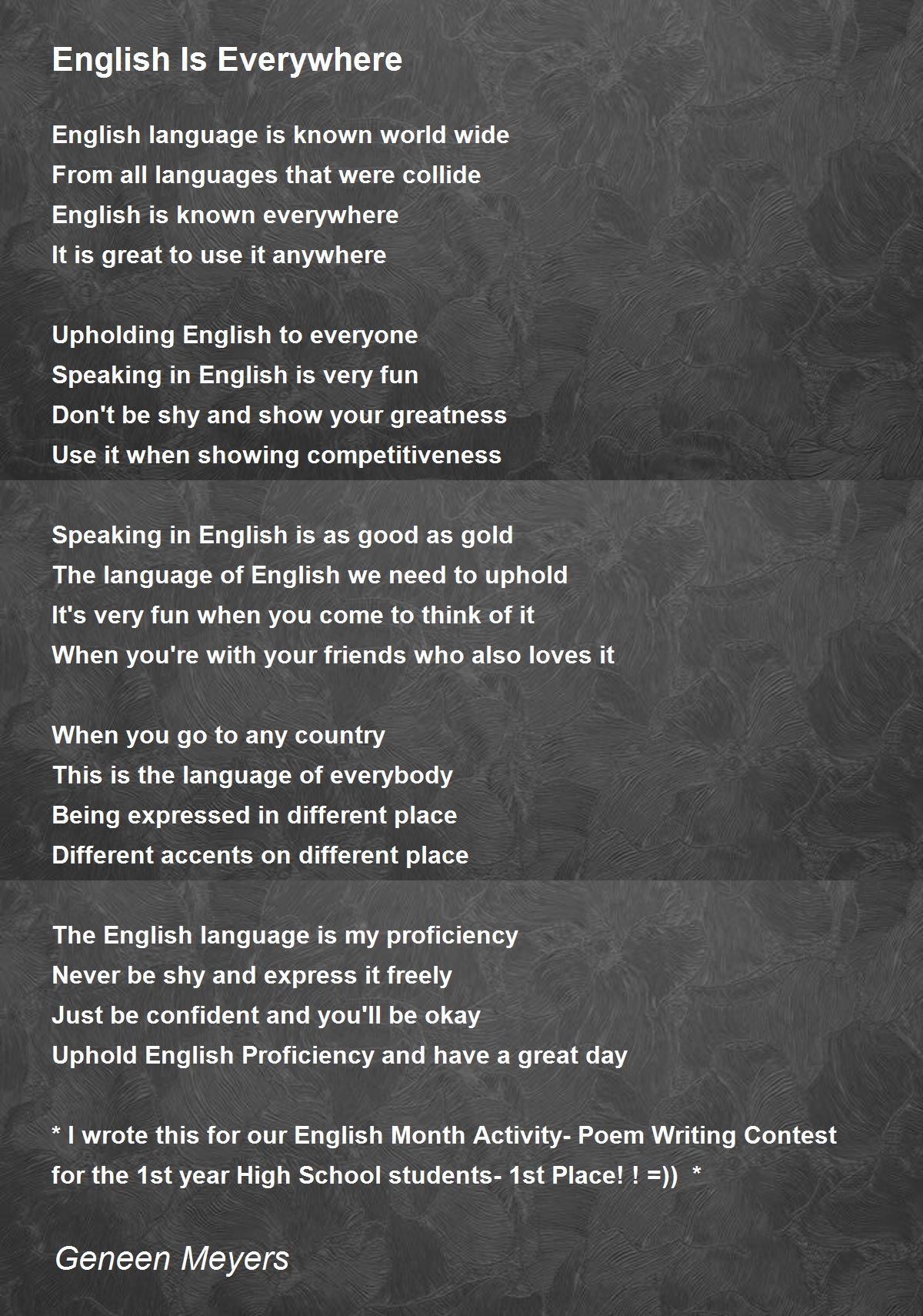 English Is Everywhere Poem By Geneen Meyers Poem Hunter Comments English Is Everywhere Poem By Geneen Meyers Poem Hunter Comments