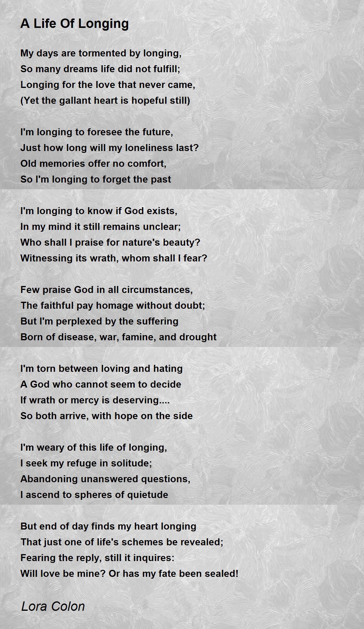 A Life Of Longing Poem by Lora Colon - Poem Hunter