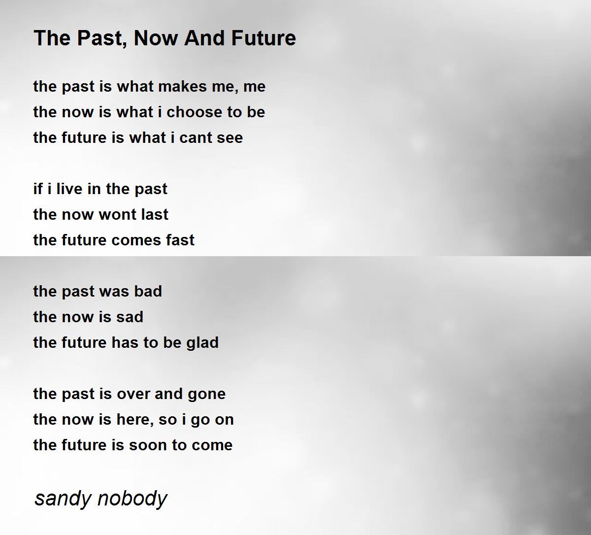 The Past, Now And Future Poem by sandy nobody - Poem Hunter