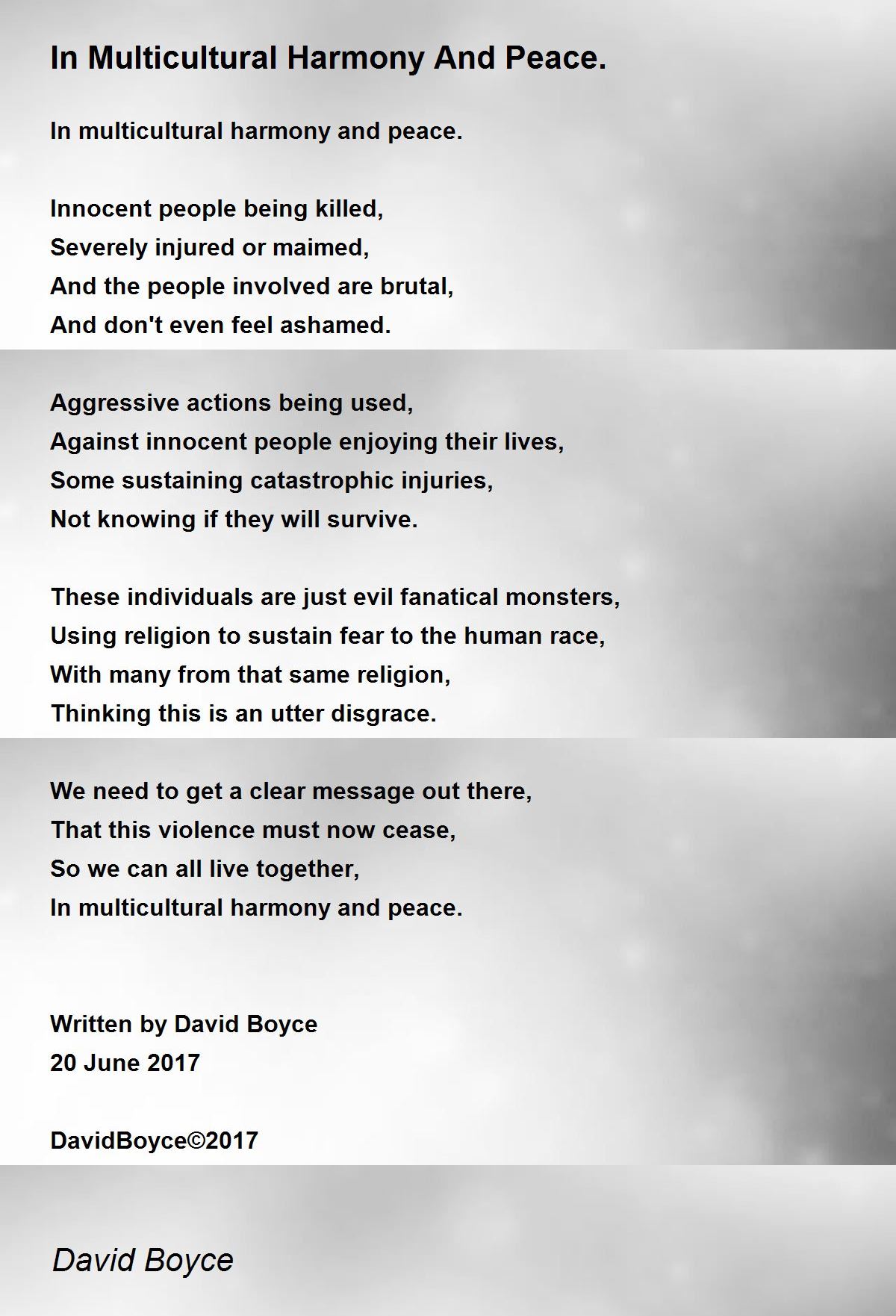 In Multicultural Harmony And Peace. Poem by David Boyce - Poem Hunter