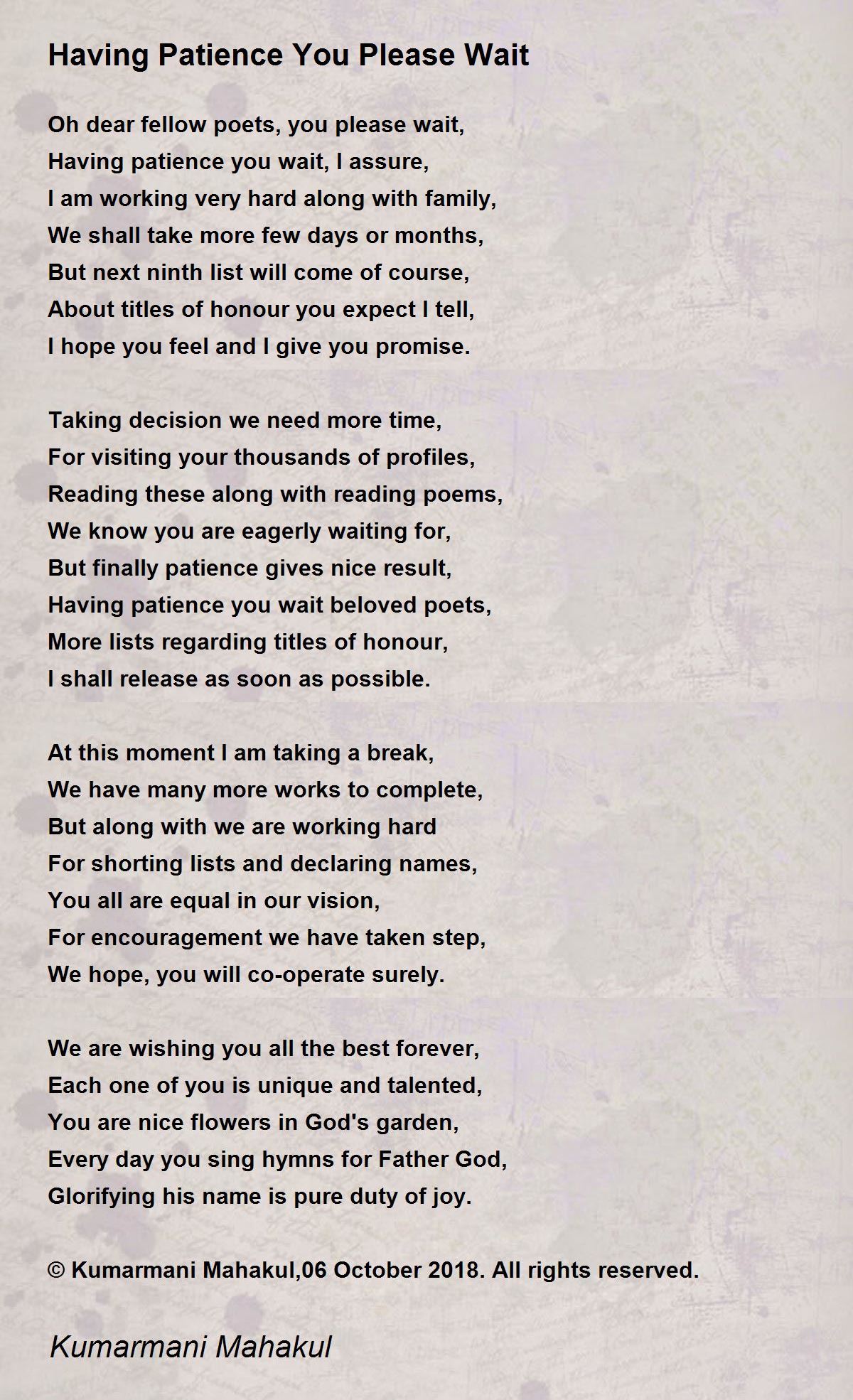 Patience Poems The Patient Poem