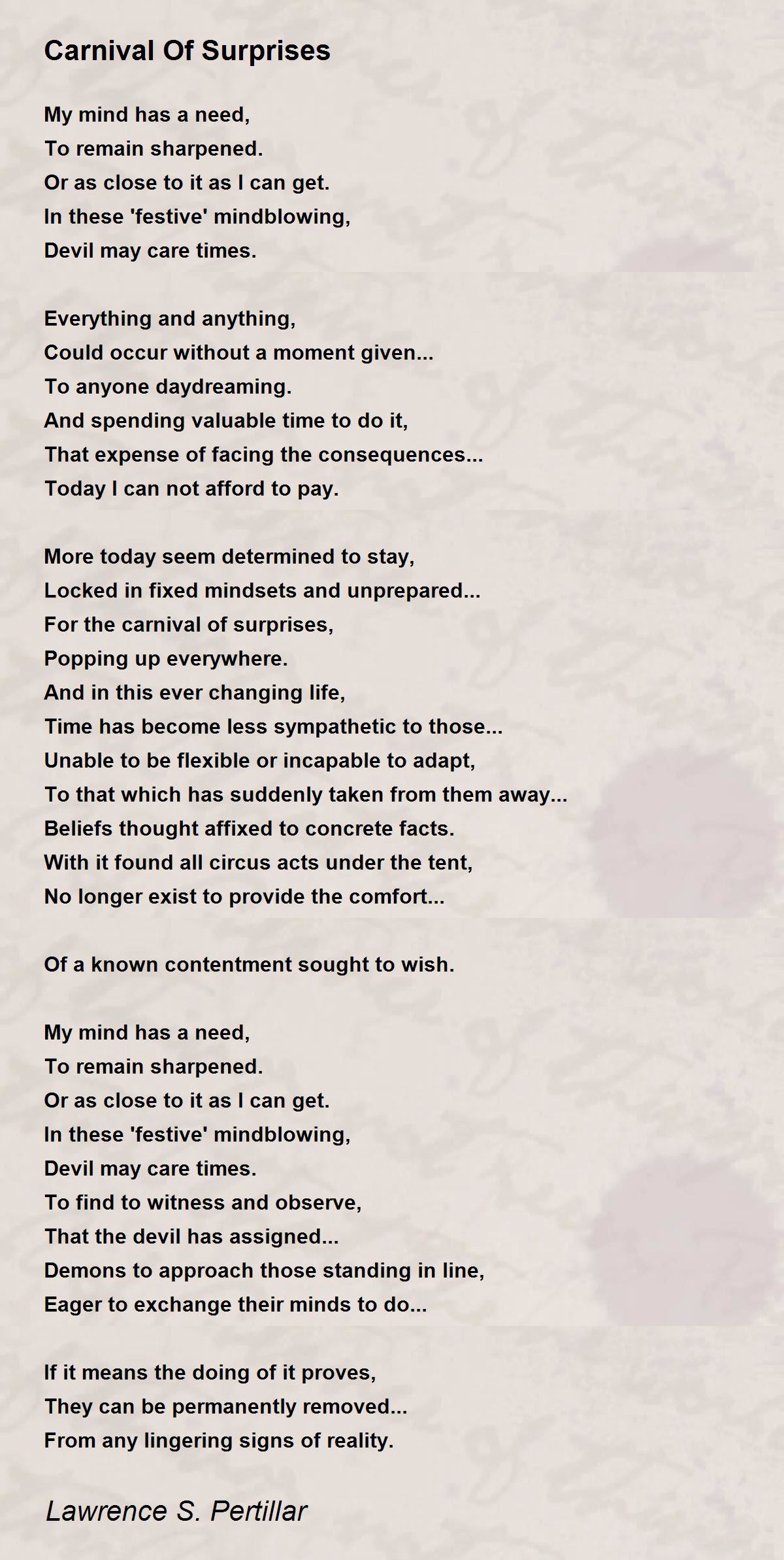 Carnival Of Surprises - Carnival Of Surprises Poem by Lawrence S. Pertillar