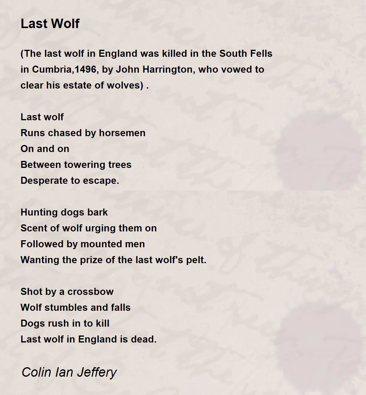 Last Wolf - Last Wolf Poem by Colin Ian Jeffery