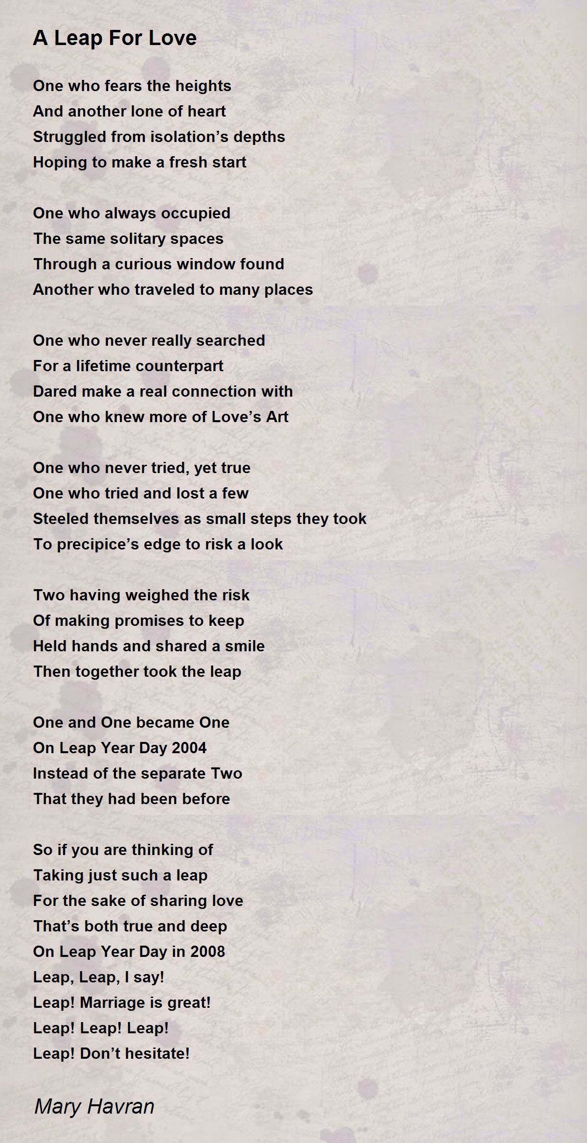 A Leap For Love - A Leap For Love Poem by Mary Havran