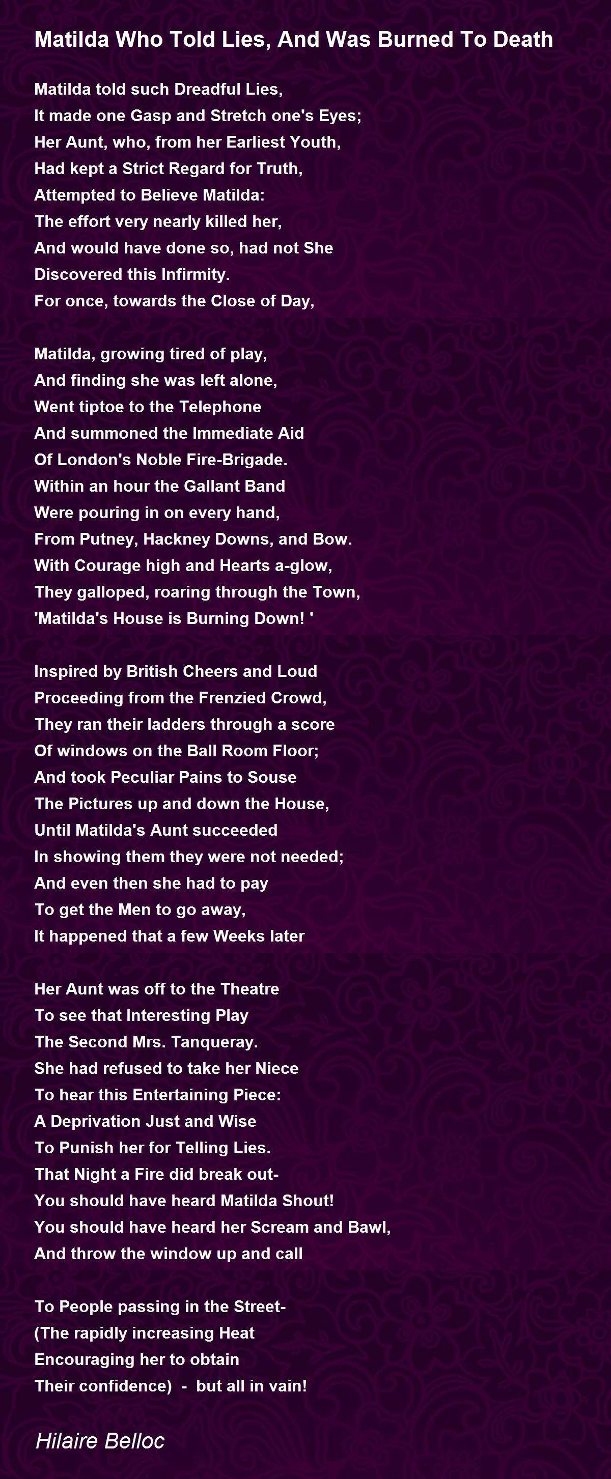 Matilda Who Told Lies, And Was Burned To Death Poem by Hilaire Belloc ...