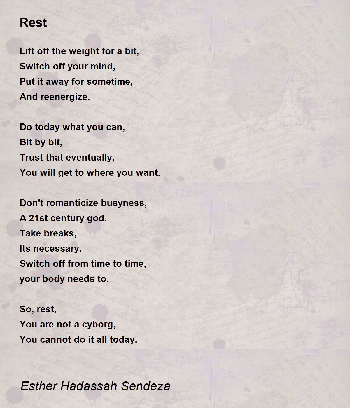 Rest Poem by Esther Hadassah Sendeza - Poem Hunter