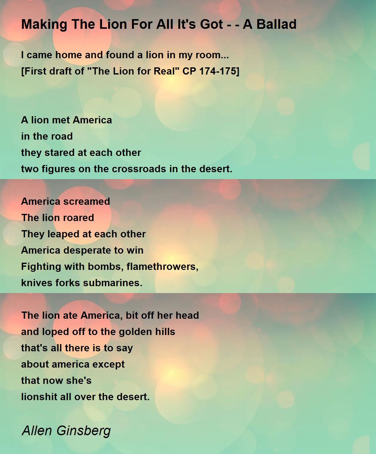 Making The Lion For All It's Got -- A Ballad Poem by Allen Ginsberg ...