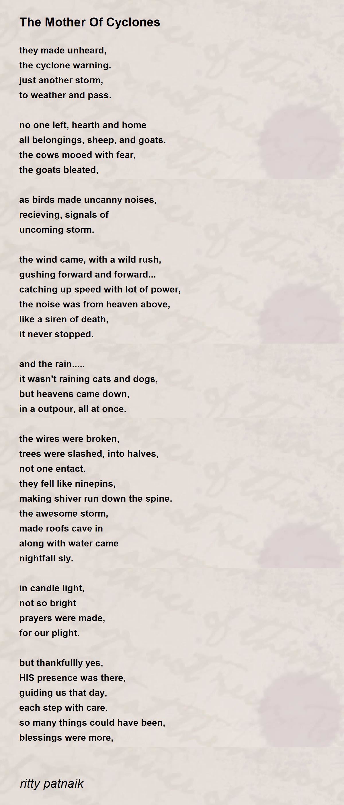 The Mother Of Cyclones by ritty patnaik - The Mother Of Cyclones Poem