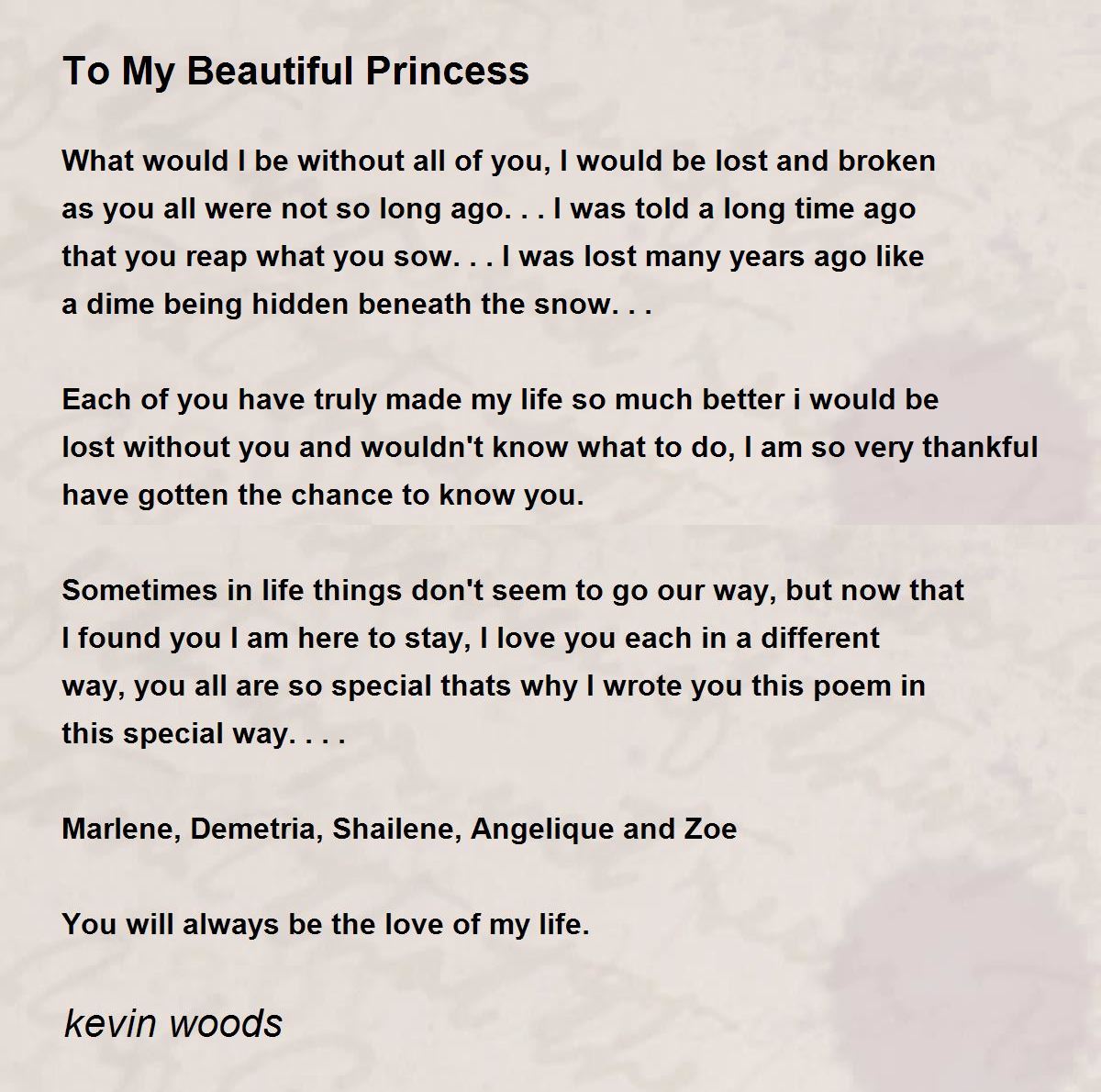 To My Beautiful Princess - To My Beautiful Princess Poem by kevin woods