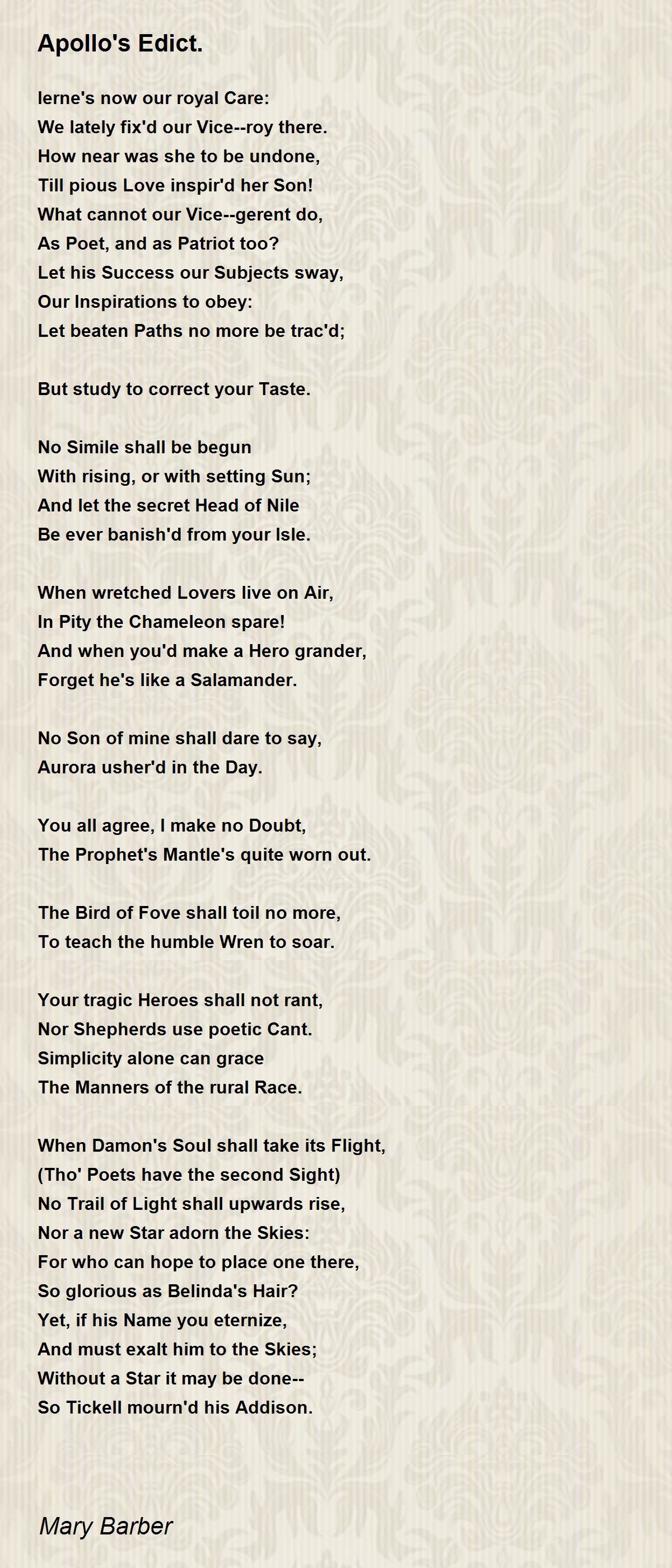 Apollo's Edict. - Apollo's Edict. Poem by Mary Barber