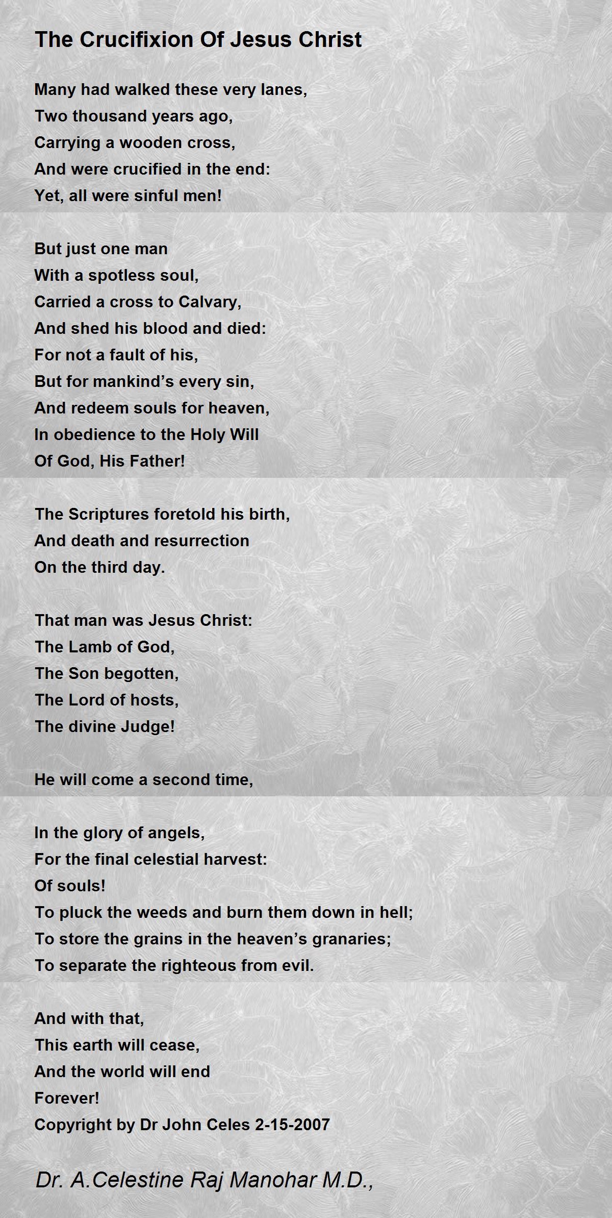 The Crucifixion Of Jesus Christ Poem by Dr. A.Celestine Raj Manohar M.D ...