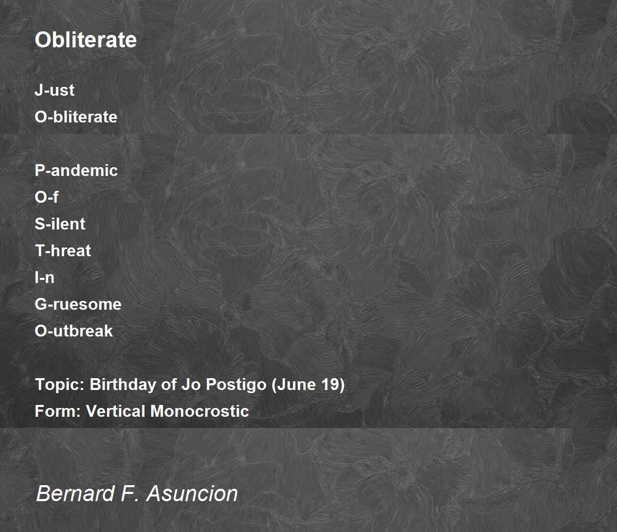 Obliterate Poem by Bernard F. Asuncion - Poem Hunter