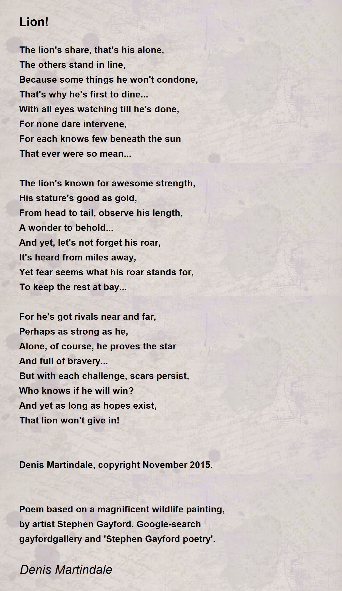 Lion! Poem by Denis Martindale - Poem Hunter