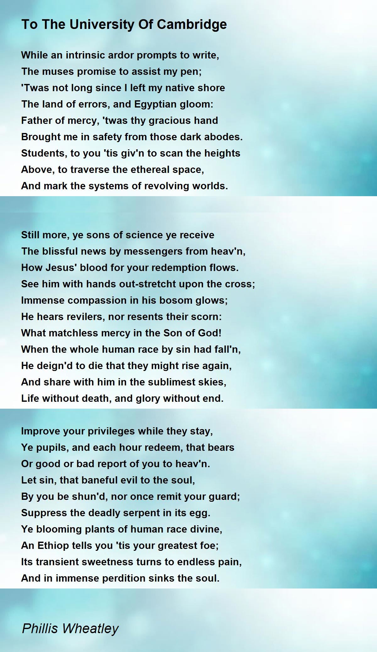 To The University Of Cambridge Poem by Phillis Wheatley - Poem Hunter