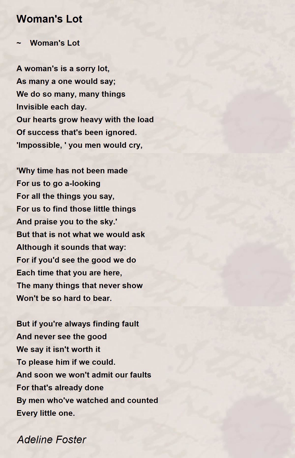 Woman's Lot Poem by Adeline Foster - Poem Hunter