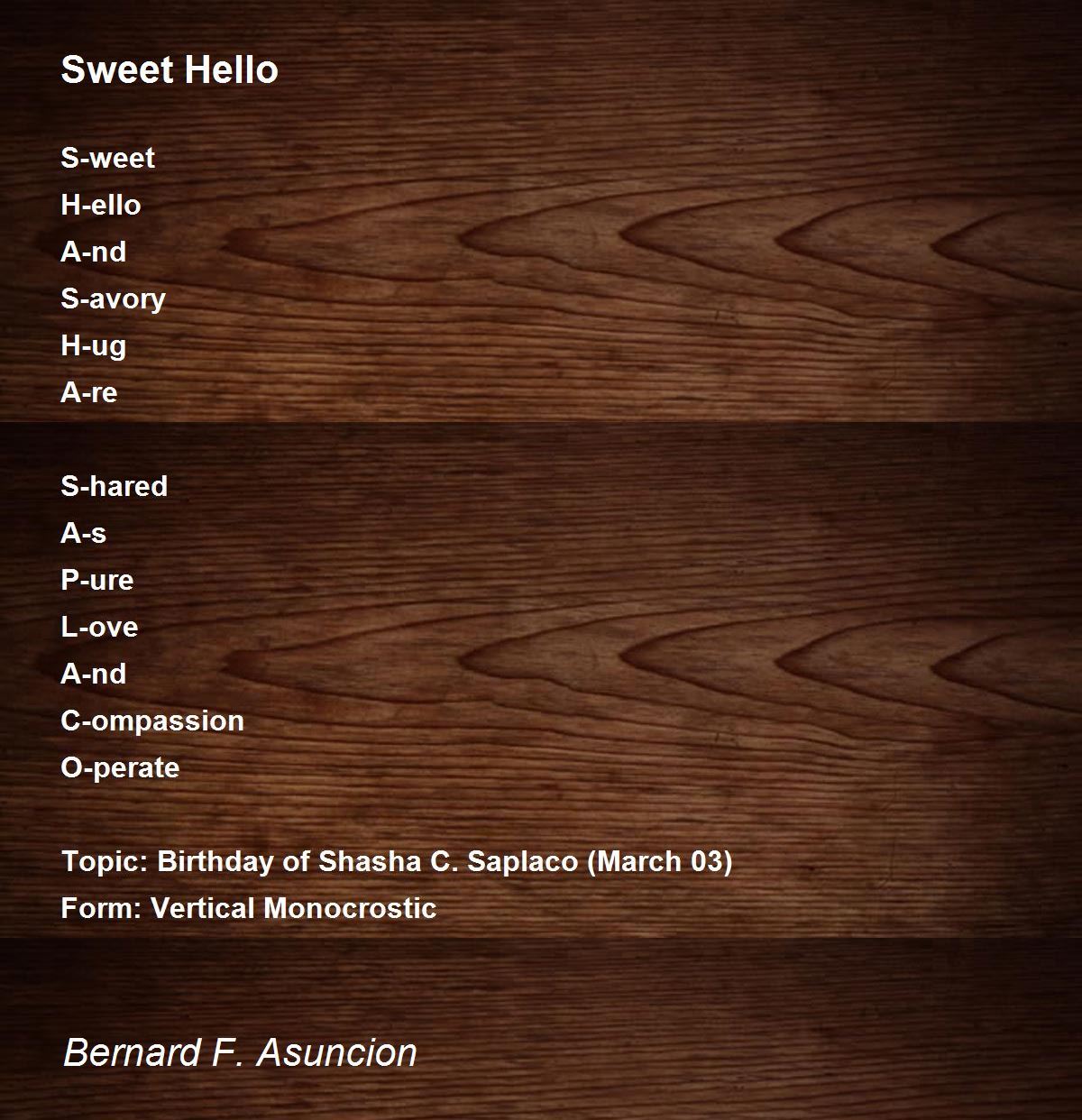 Sweet Hello - Sweet Hello Poem by Bernard F. Asuncion