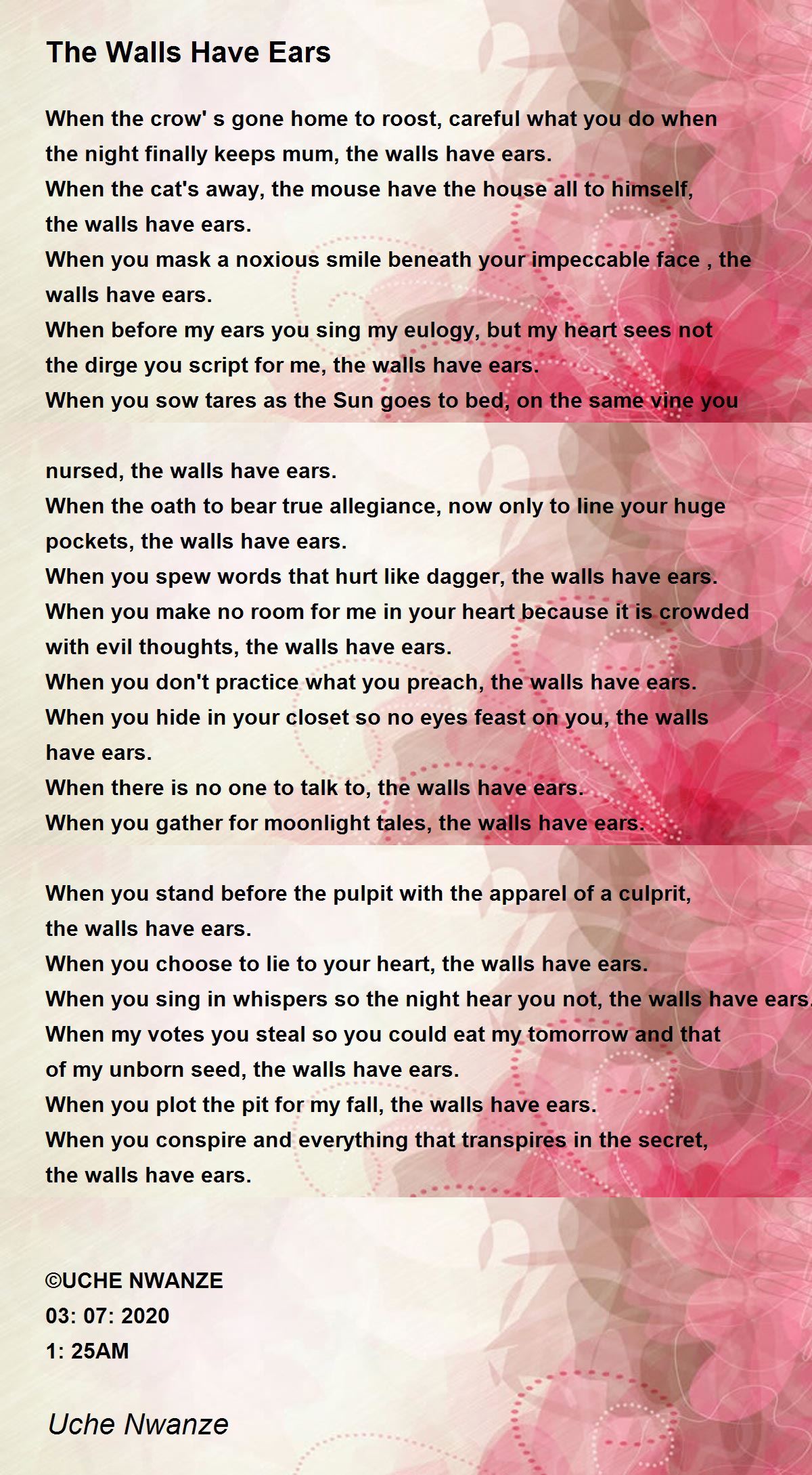 The Walls Have Ears - The Walls Have Ears Poem by Uche Nwanze