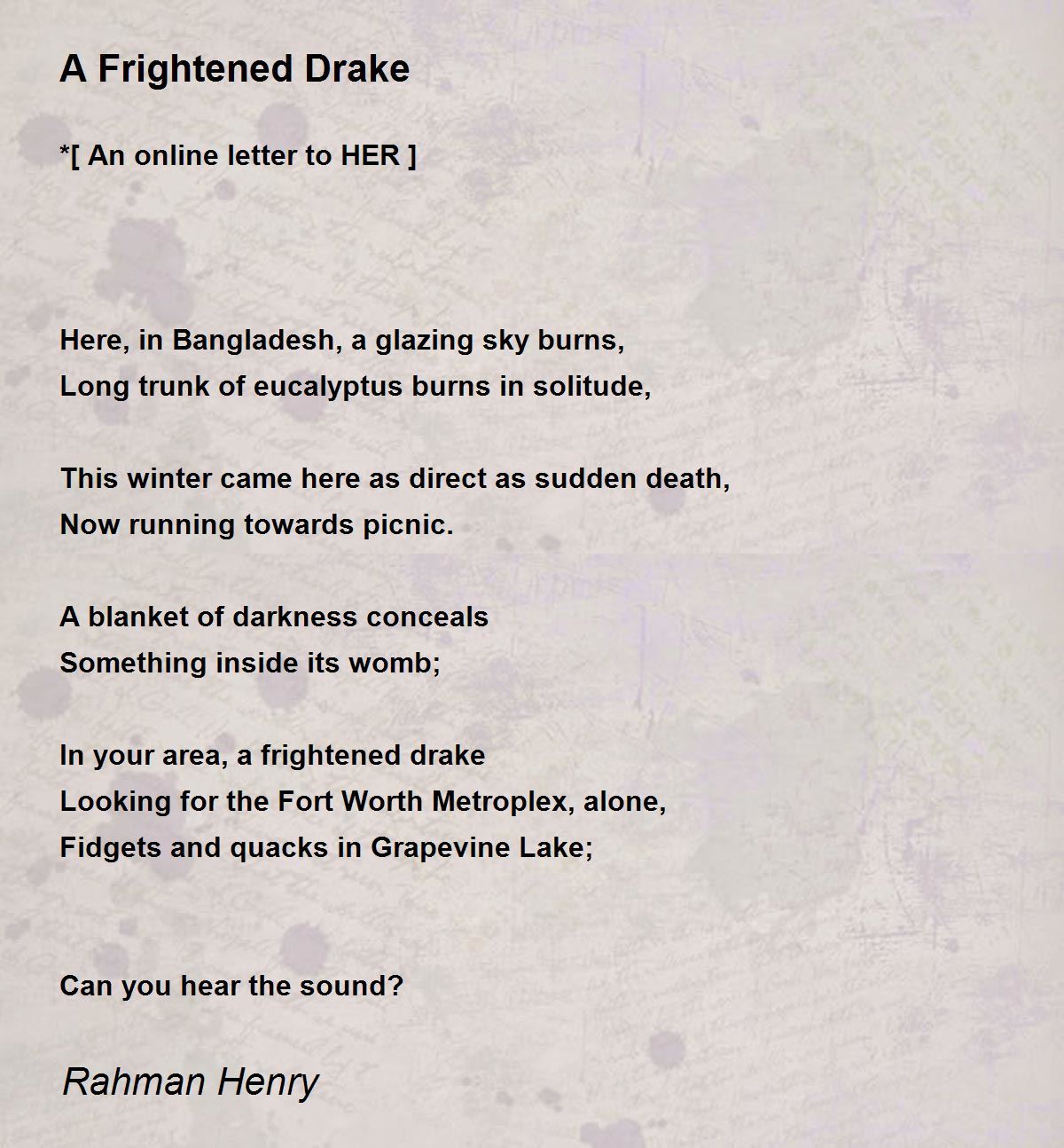 A Frightened Drake by Rahman Henry - A Frightened Drake Poem