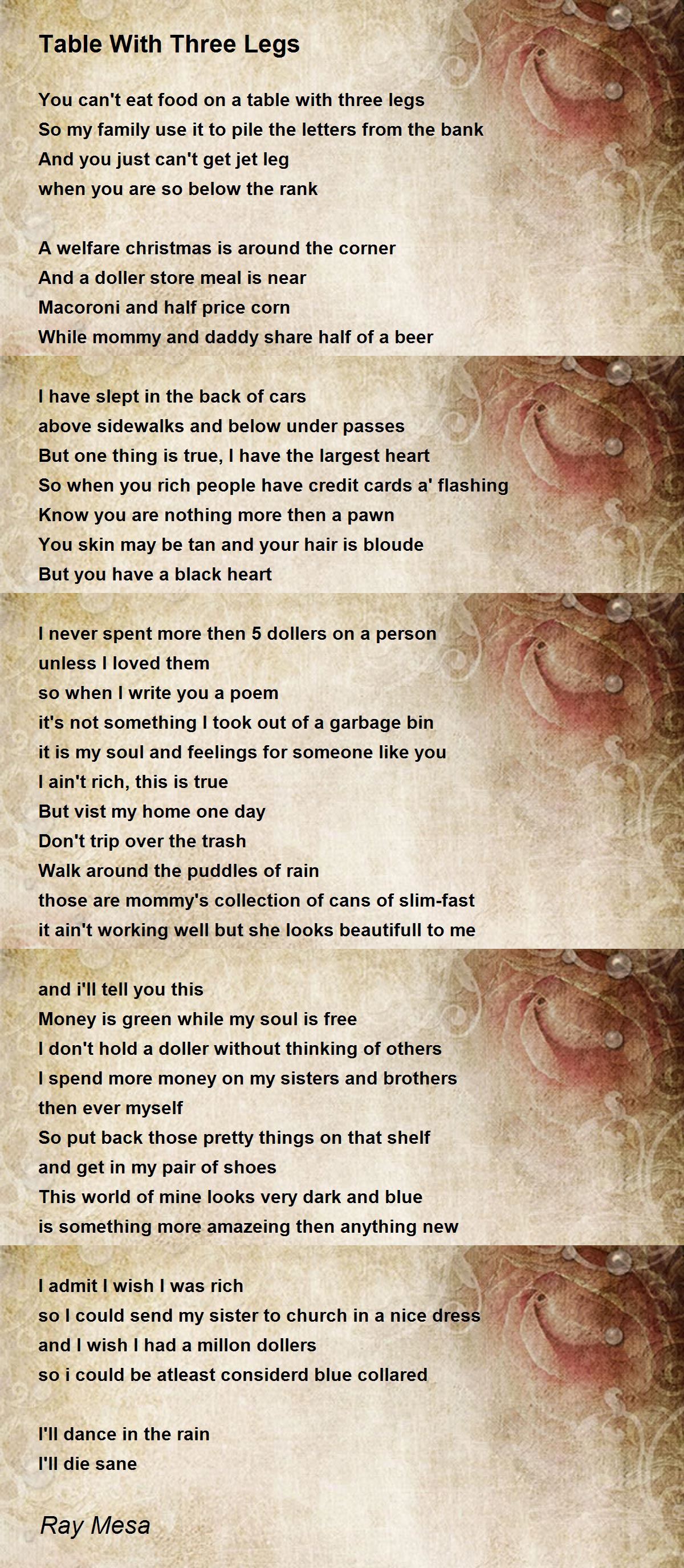 Table With Three Legs Poem by Ray Mesa - Poem Hunter