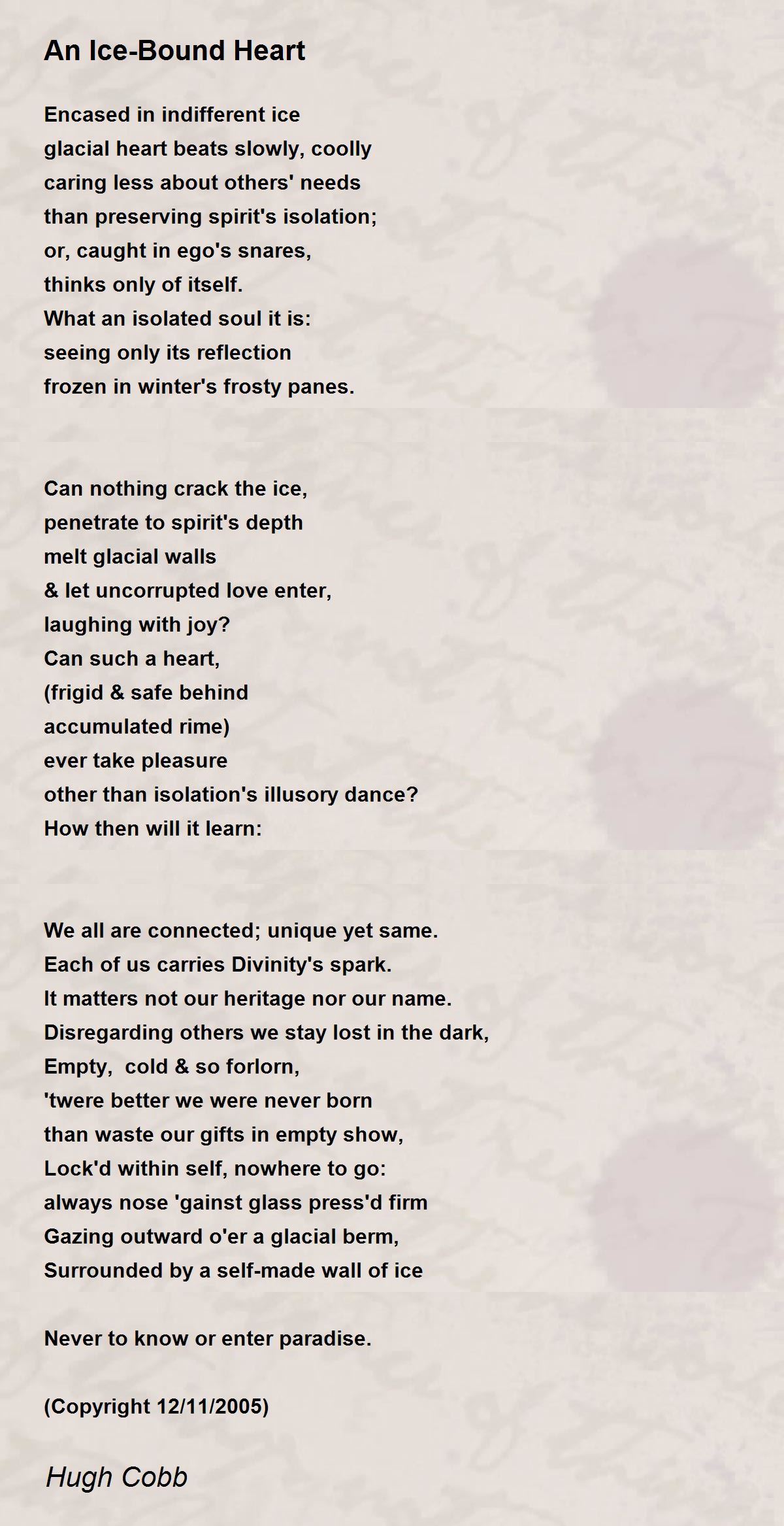 An Ice-Bound Heart Poem by Hugh Cobb - Poem Hunter
