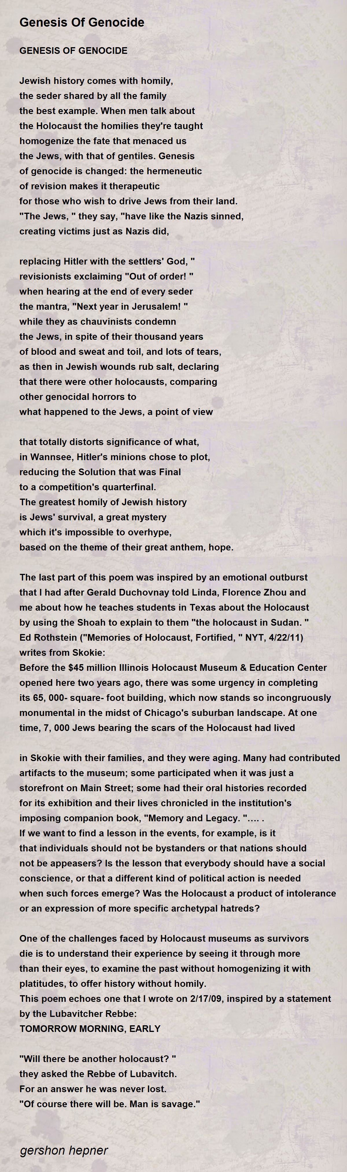 Genesis Of Genocide Poem by gershon hepner - Poem Hunter
