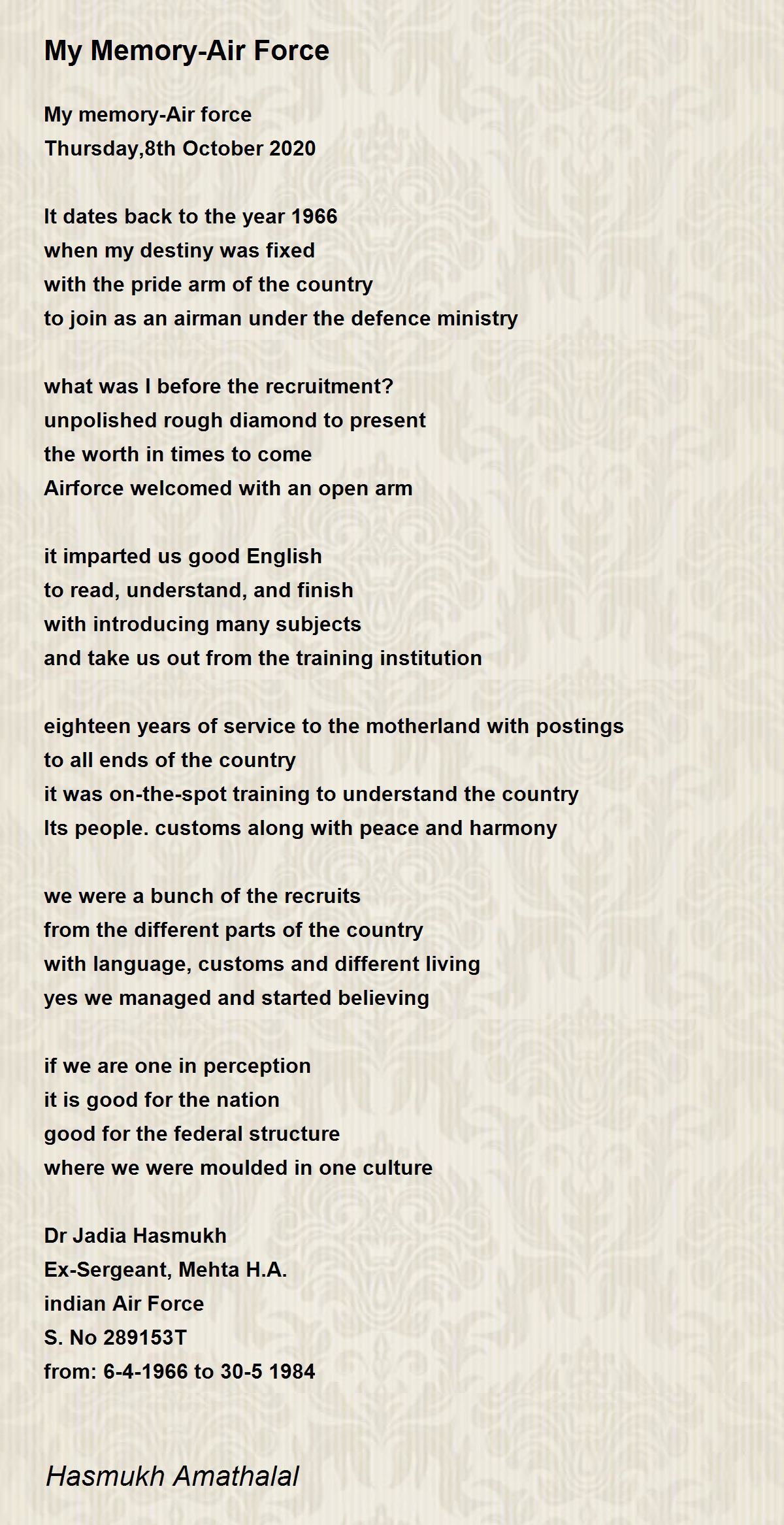 My Memory-Air Force by Mehta Hasmukh Amathalal - My Memory-Air Force Poem