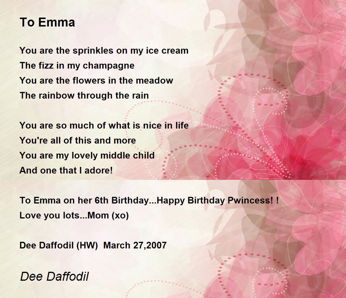 To Emma Poem by Dee Daffodil - Poem Hunter