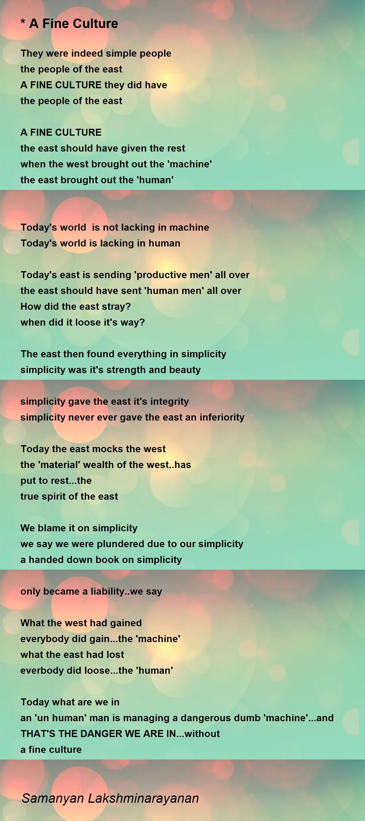 * A Fine Culture Poem by Samanyan Lakshminarayanan - Poem Hunter