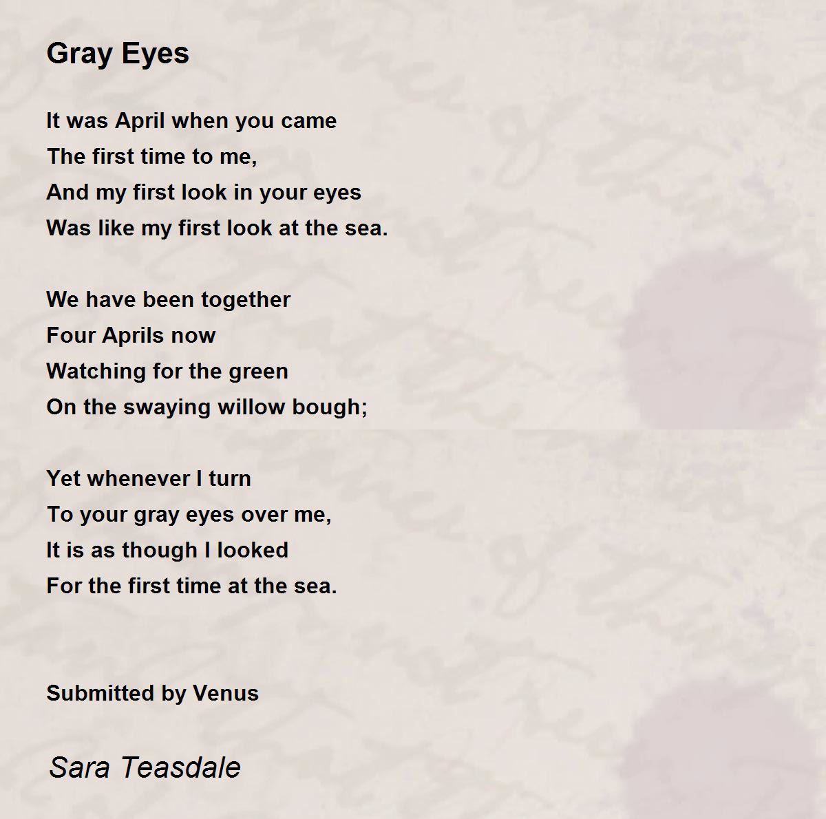 Gray Eyes Poem by Sara Teasdale - Poem Hunter