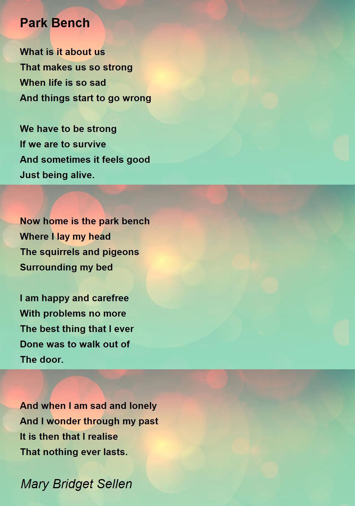 Park Bench - Park Bench Poem by Mary Bridget Sellen
