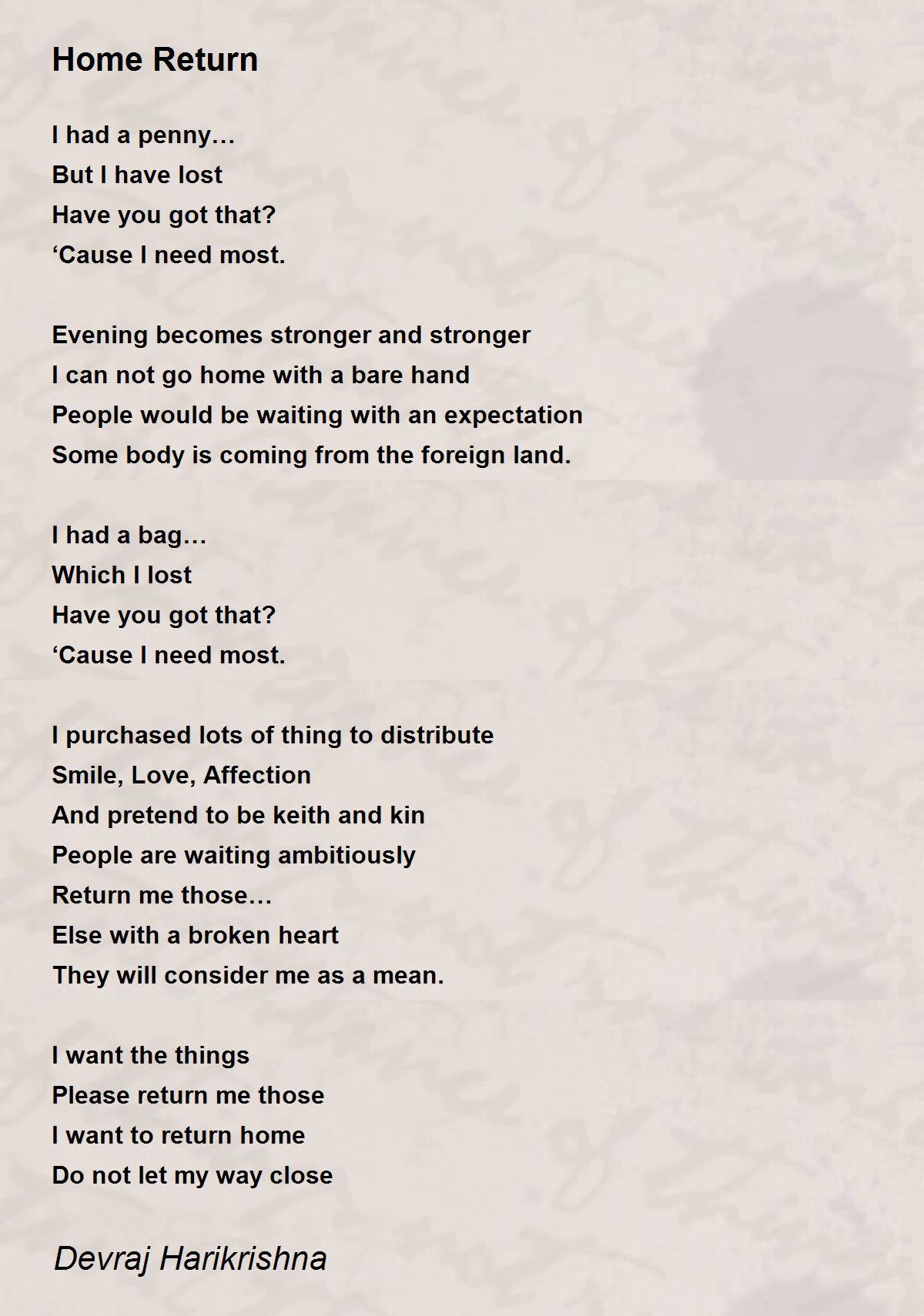 Home Return by Devraj Harikrishna - Home Return Poem