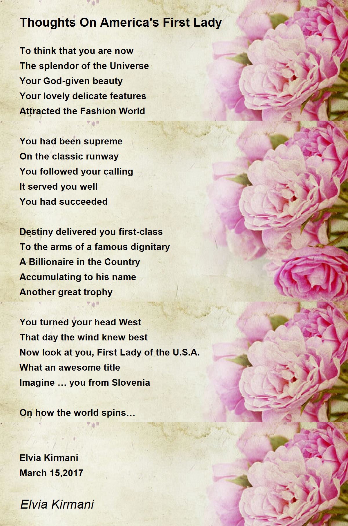 Thoughts On America's First Lady by Elvia Kirmani - Thoughts On America ...