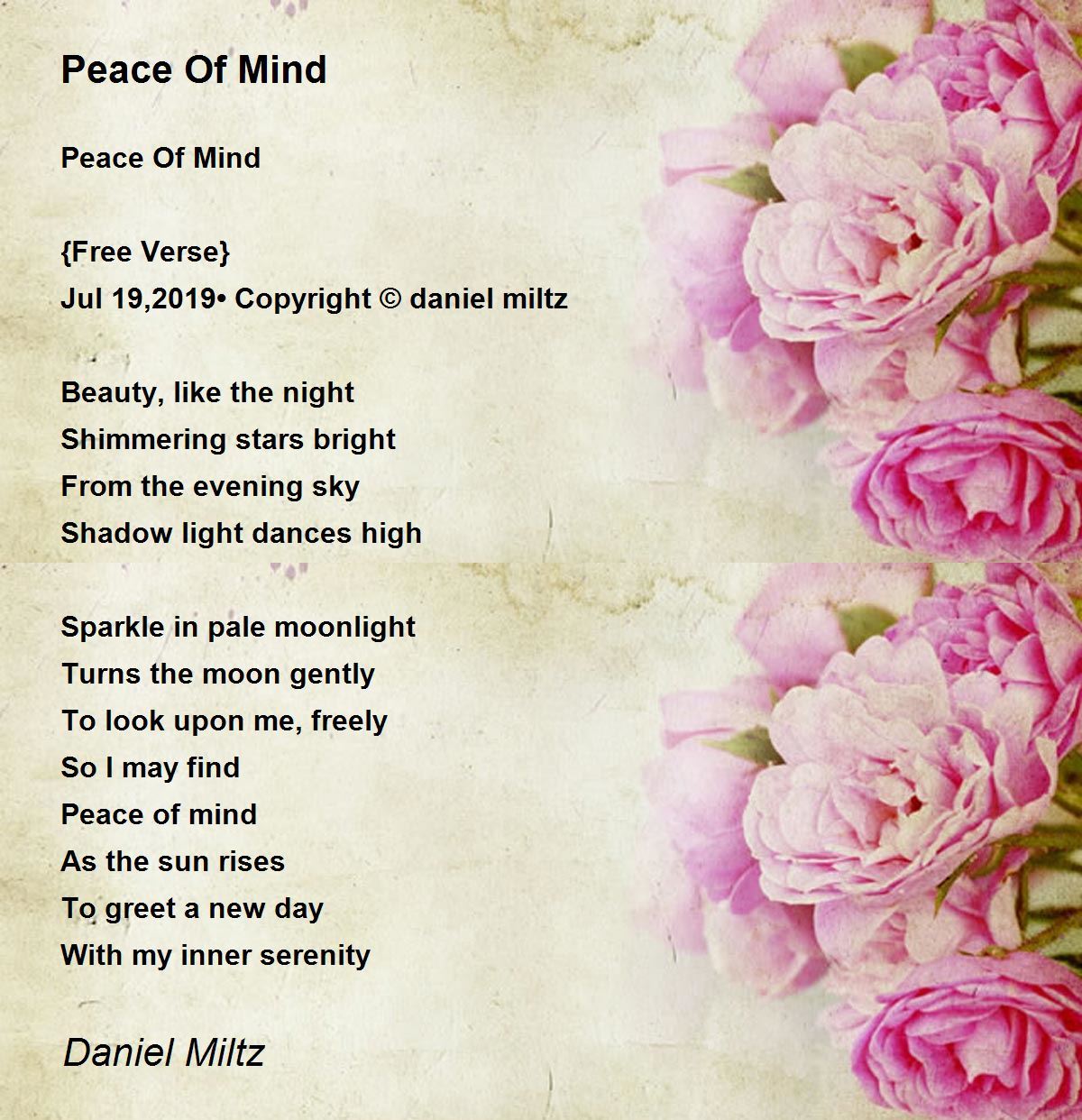 Peace Of Mind Poem by Daniel Miltz - Poem Hunter